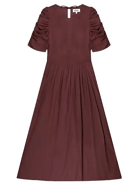 RO&ZO Round-neck Puff-sleeve Cotton Midi Dress - Chocolate