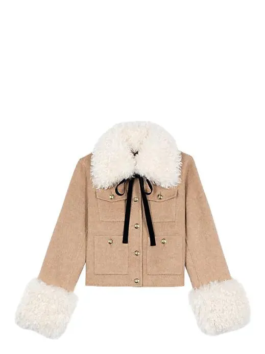 The Kooples Sherpa-collar Wool-blend Jacket - Beige Linen