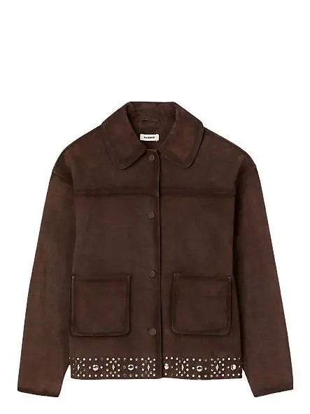 Sandro Studded Hem Suede Jacket - Brown