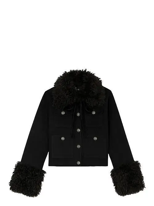 The Kooples Sherpa-collar Patch-pocket Wool-blend Jacket - Black