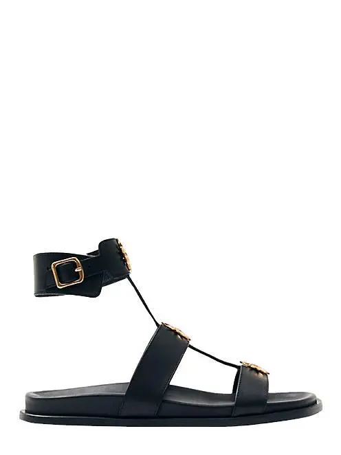 ALOHAS Clarissa Embellished Leather Flat Sandals - Black Leather