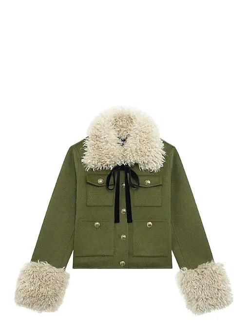 The Kooples Sherpa-collar Wool-blend Jacket - Kaki