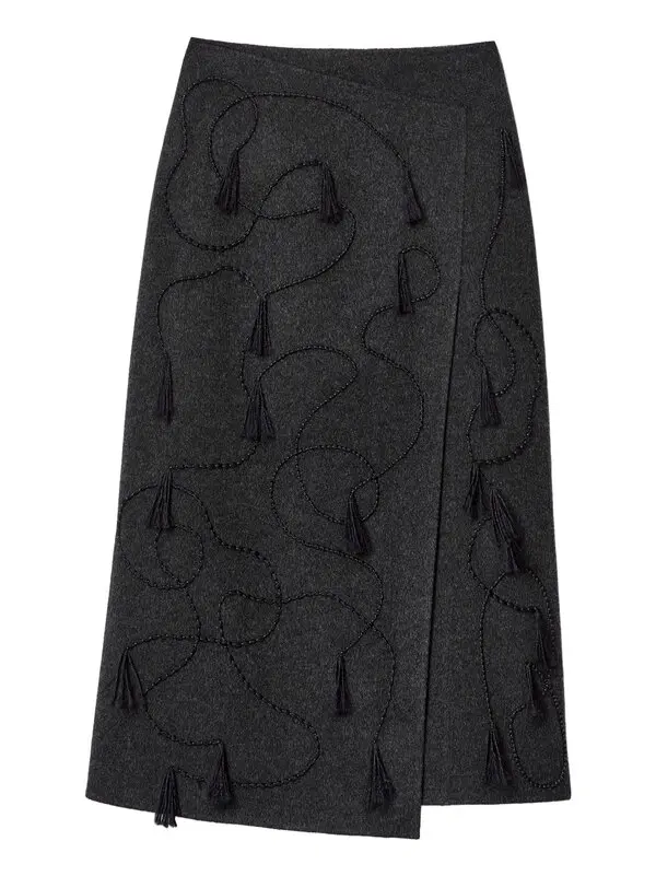 Lafayette 148 New York Hand-embroidered Wool-cashmere Midi Skirt - Graphite Melange