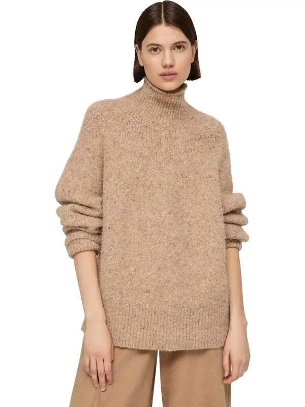 Lafayette 148 New York Lofty Alpaca Wool Cotton Donegal Turtleneck Sweater - Dune Melange
