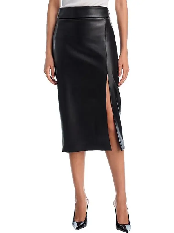 Aqua Faux Leather Midi Skirt With Slit - Black