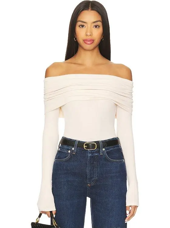 Enza Costa Silk Rib Long Sleeve Off-shoulder Top - Fawn