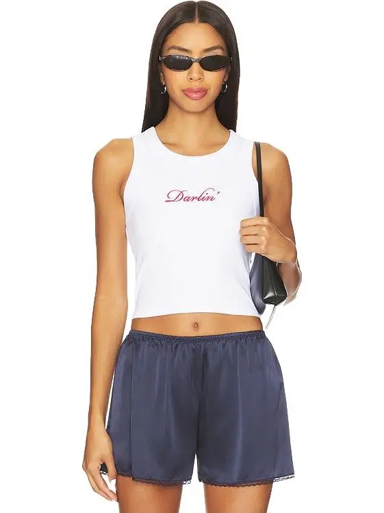 DARLIN Signature Ribbed Cropped Tank Top - White