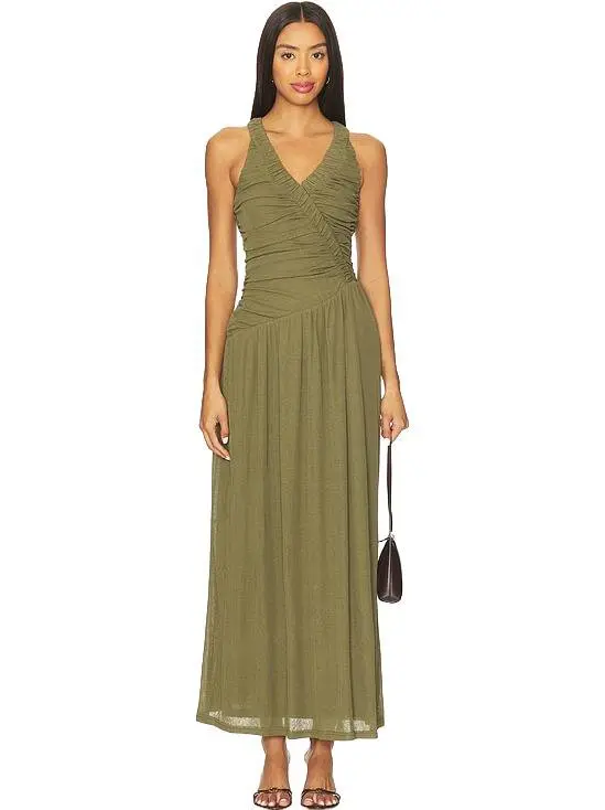 SOVERE / Rua Ruched V-neck Maxi Dress - Olive
