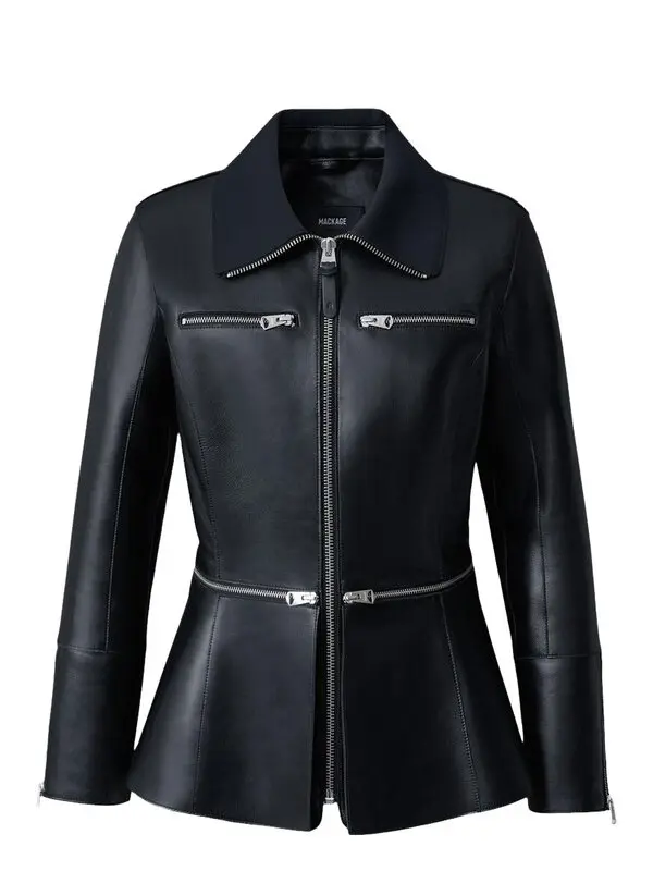 Mackage Jessyan Fitted Lamb Leather Jacket With Peplum Hem - Black