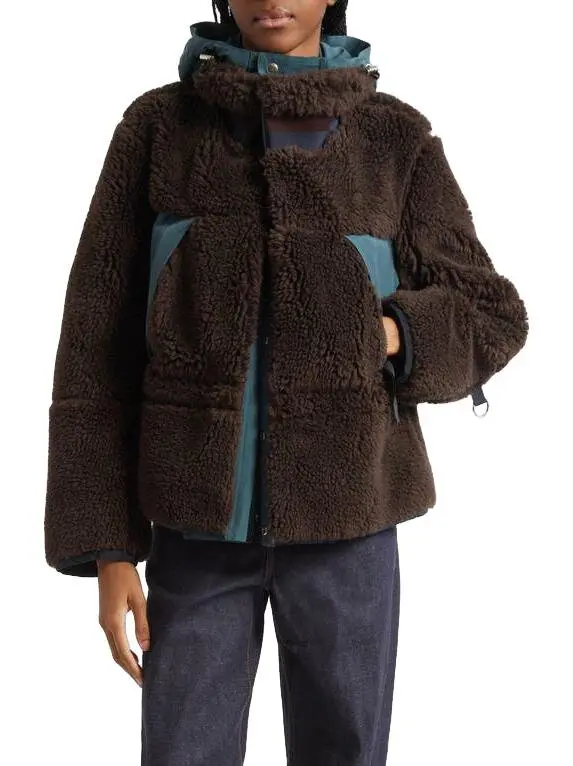 Sacai Mixed Media Faux Shearling Jacket - Brown/green