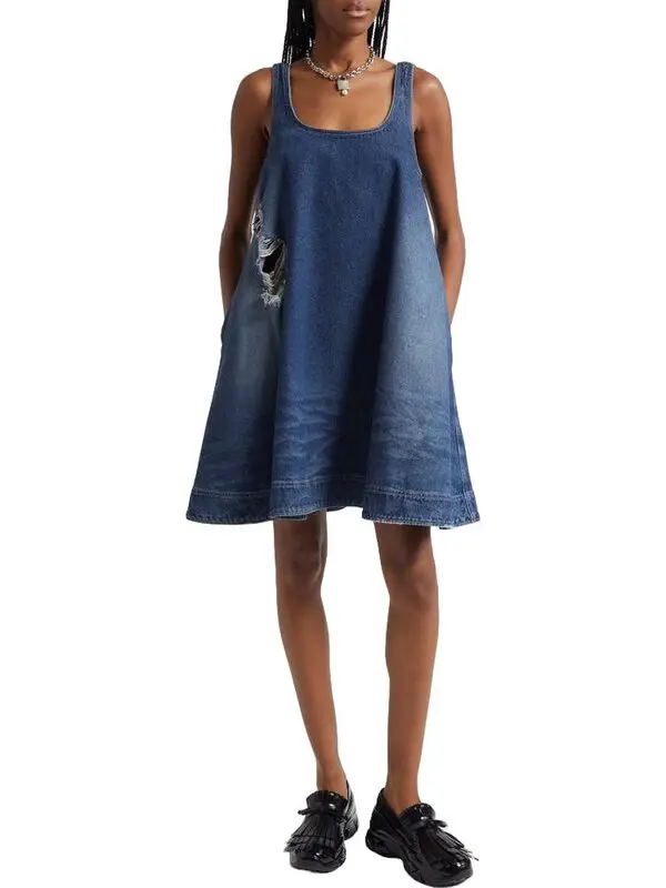 Simone Rocha Embellished Distressed Denim A-line Dress - Distressed Blue