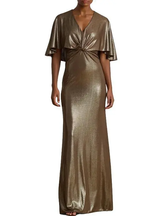 Ralph Lauren Metallic Twist-front Capelet Gown - Dark Taupe/light Gold Foil