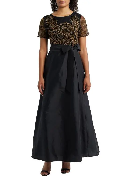 Pisarro Nights Beaded Embroidered Taffeta A-line Gown - Black/gold