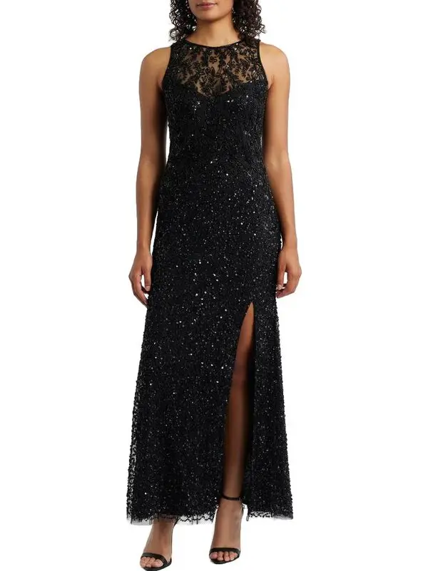 Pisarro Nights Floral Beaded Sequin A-line Gown - Black