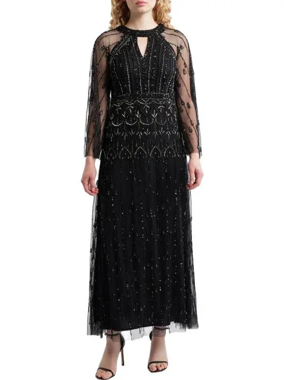 Pisarro Nights Illusion Long Sleeve Beaded A-line Gown - Black