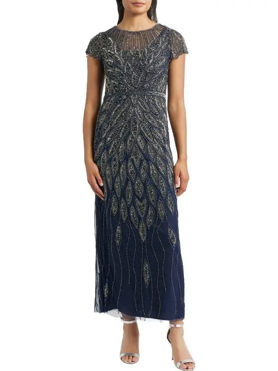 Pisarro Nights Beaded Cap Sleeve Column Gown - Navy