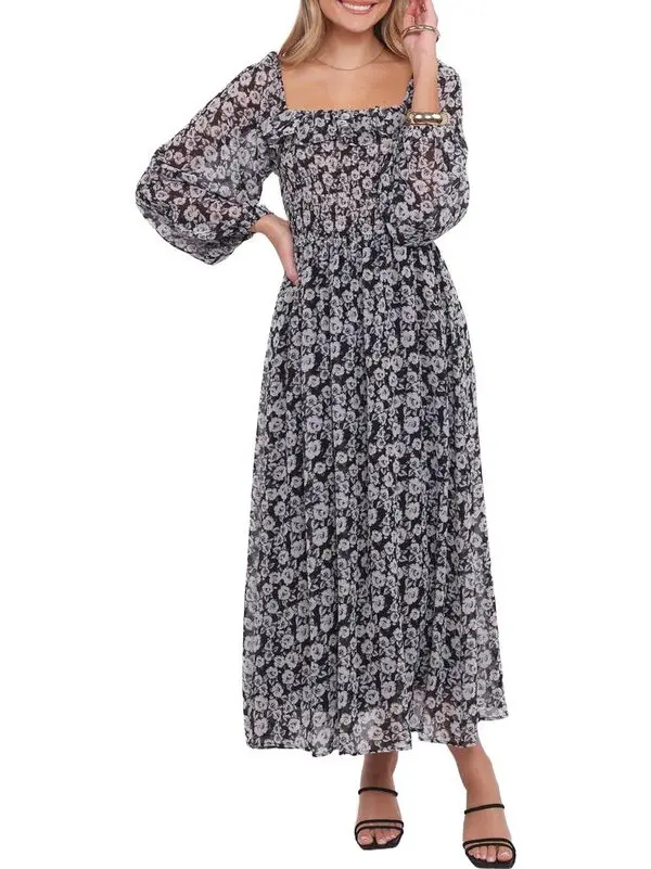 PETAL & PUP Floral Print Long Sleeve Maxi Dress - Black Floral