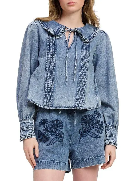 JACQUIE THE LABEL Elodie Split Neck Denim Top - Vintage Blue