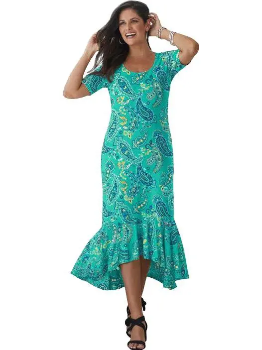 JESSICA LONDON Stretch Knit Flounce Hem Maxi Dress - Aqua Sea Playful Paisley