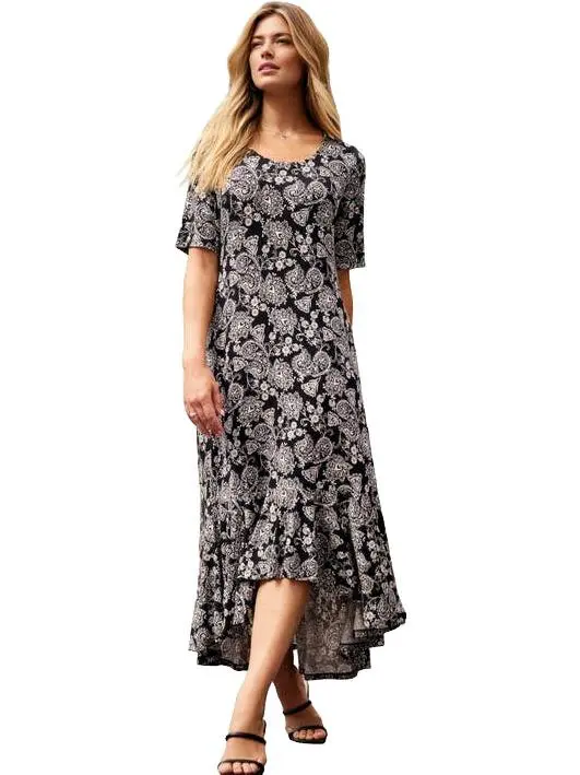 JESSICA LONDON Stretch Knit Flounce Hem Maxi Dress - Black White Ornate Paisley