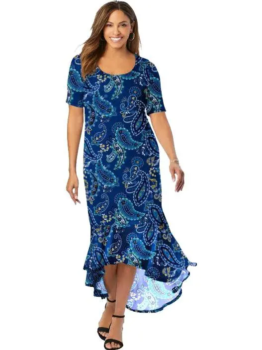 JESSICA LONDON Stretch Knit Flounce Hem Maxi Dress - Dark Sapphire Playful Paisley