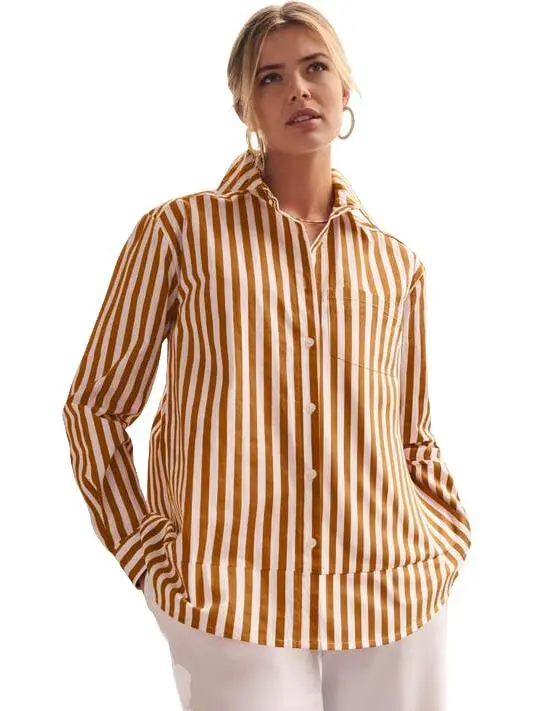 JESSICA LONDON Wrinkle-free Stretch Cotton Oversized Shirt - Clove Polished Stripe