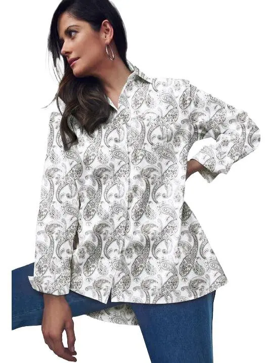JESSICA LONDON Wrinkle-free Stretch Cotton Oversized Shirt - White Classic Paisley