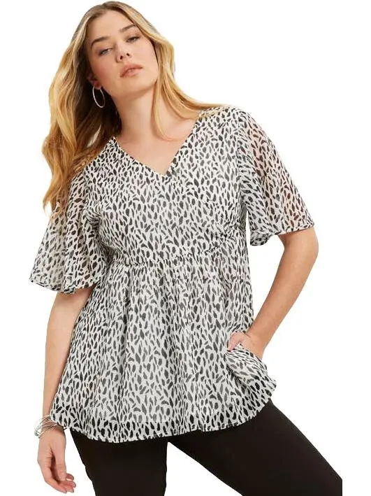 JUNE + VIE Faux Wrap Fit-and-flare Top - Ivory Black Spots