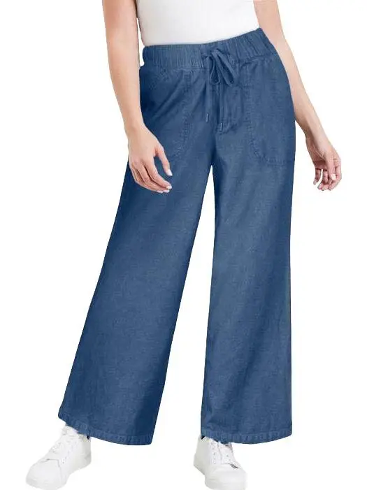 JUNE + VIE Drawstring Denim Wide-leg Bottoms - Medium Wash