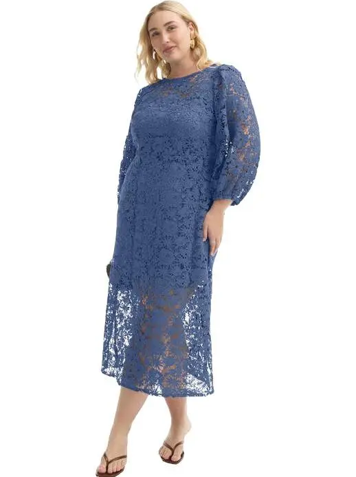 JUNE + VIE Puff Sleeve Lace Midi Dress - Ink Blue
