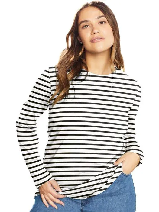 JUNE + VIE Long-sleeve Crewneck T-shirt - White Black Stripes