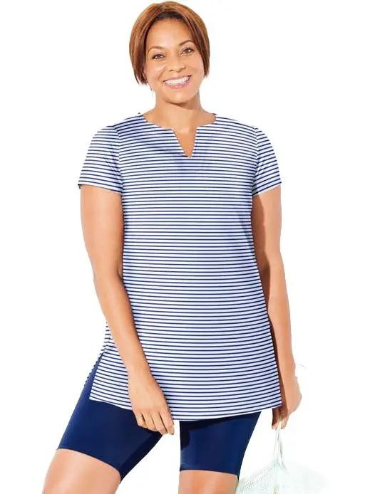 SWIMSUITS FOR ALL Chlorine Resistant Short Sleeve Swim Tunic - Deep Sea Stripe