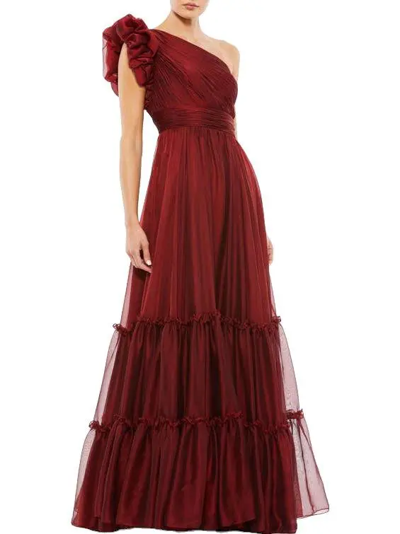 Mac Duggal Organza One-shoulder Ruffled Gown - Wine