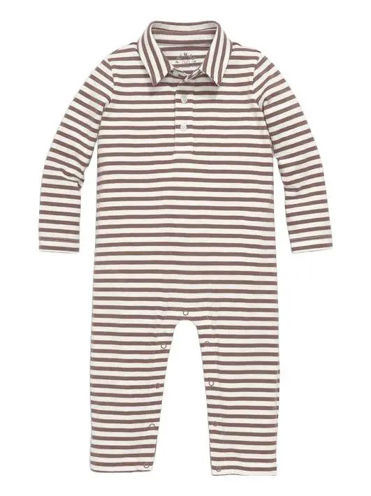 PRIMARY Baby Long Sleeve Polo Romper In Mini Stripe - Ivory Acorn Stripe