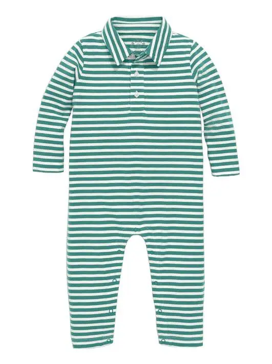 PRIMARY Baby Long Sleeve Polo Romper In Mini Stripe - Ivory Sunwashed Teal Stripe