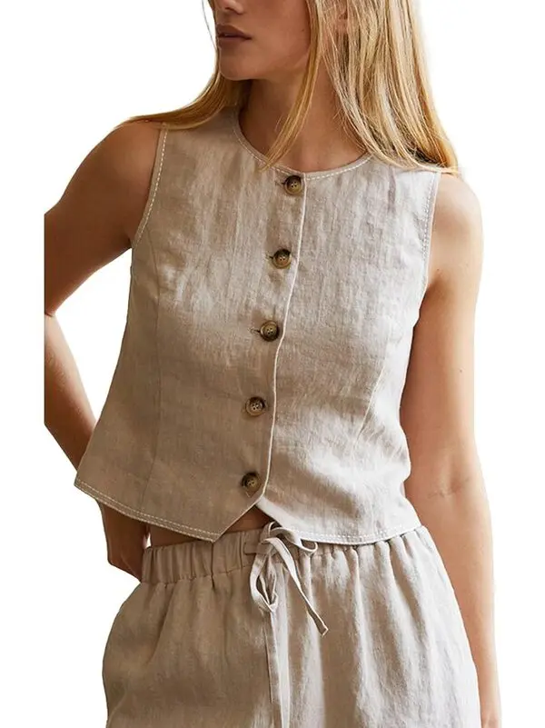 CRESCENT Contrast Stitch Linen Vest - Oatmeal/white