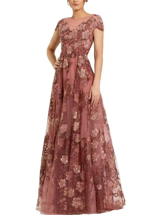 Mac Duggal Floral Embroidered Cap Sleeve Evening Gown - Cinnamon
