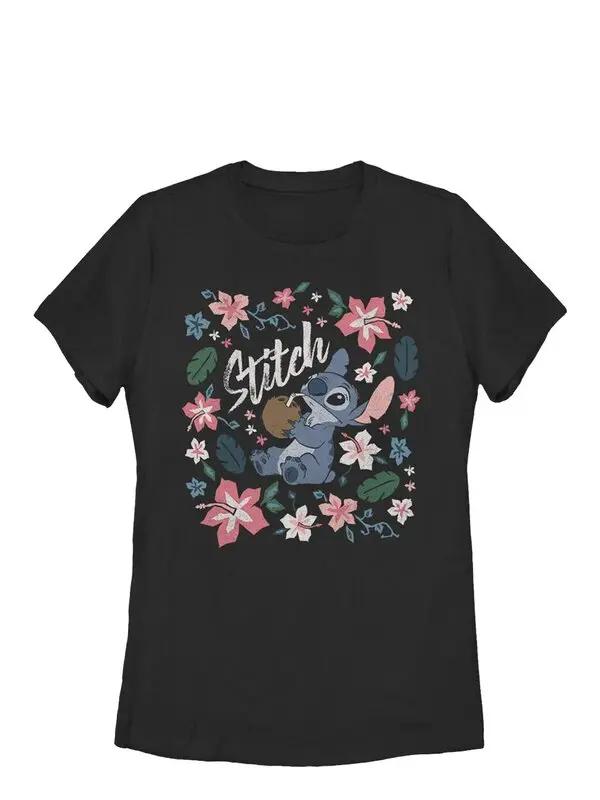 LILO & STITCH Flowers And A Coconut Graphic T-shirt - Black