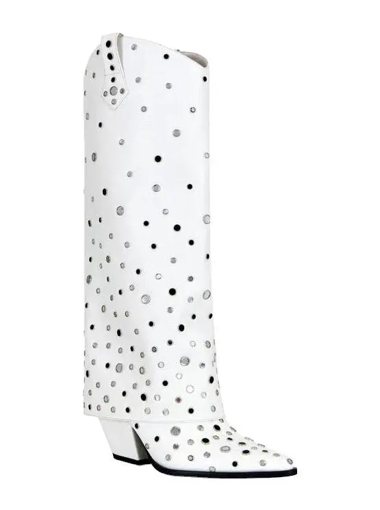 AZALEA WANG Madlock Embellished Western Boots - White