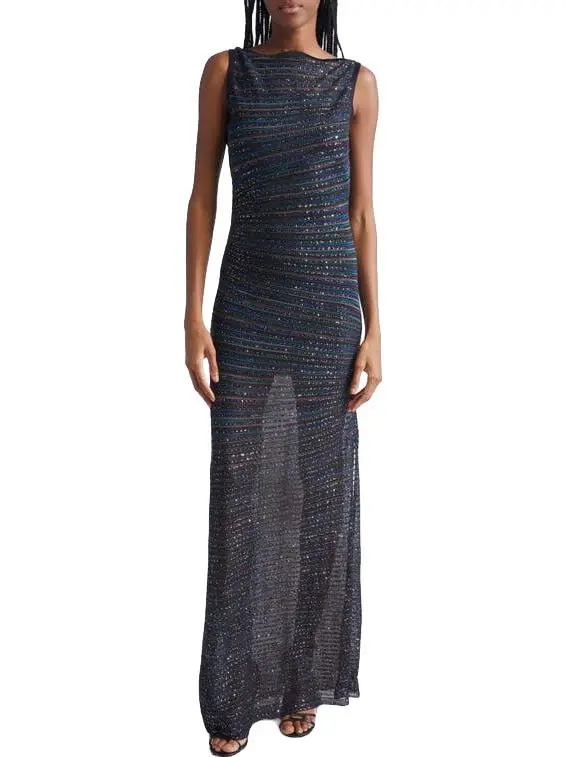 Missoni Stripe Bateau Neck Metallic Knit Dress - Multi Blk Green Blue Tones