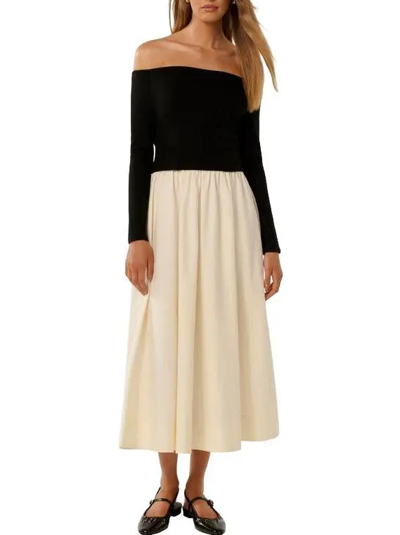 EVER NEW Savannah Off-the-shoulder Long-sleeve Midi Dress - Black/cream