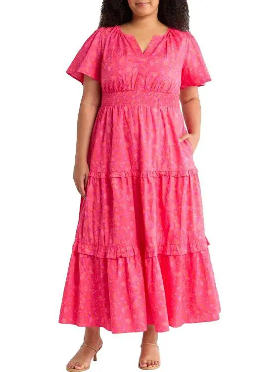 SUGARLIPS Floral Tiered Cotton Maxi Dress - Magenta Pink