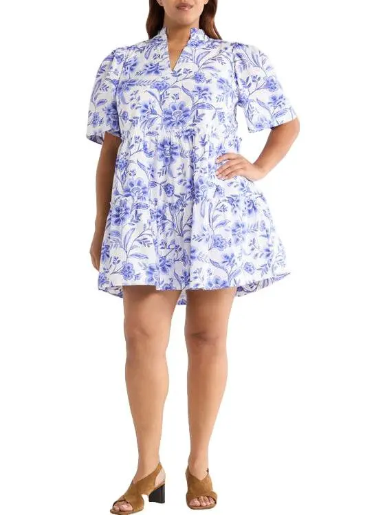 SUGARLIPS Maeve Floral Dixie Tiered Dress - White/cobalt