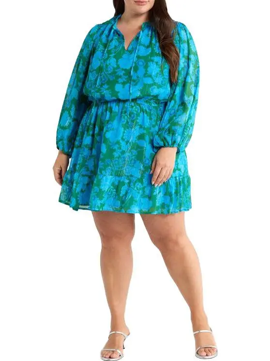 SUGARLIPS Amren Floral Metallic Georgette Minidress - Cerulean Blue/green