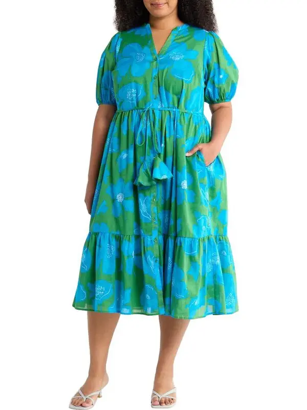 SUGARLIPS Floral Cotton Tiered Midi Dress - Green/blue/multi
