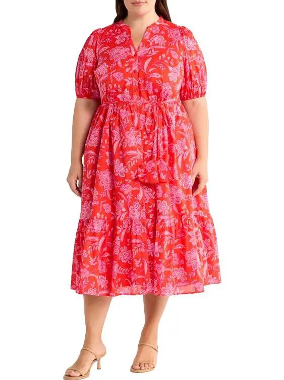SUGARLIPS Aria Floral Tiered Cotton Midi Dress - Red/pink