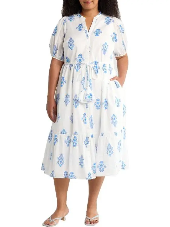 SUGARLIPS Yila Floral Beth Tiered Cotton Midi Dress - White/blues