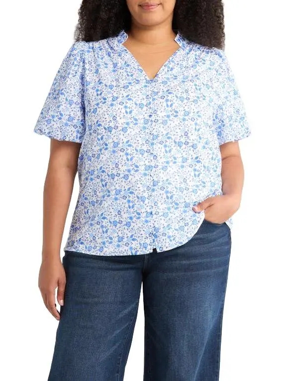 SUGARLIPS Maisie Idara Floral Puff Sleeve Top - White/blue Combo