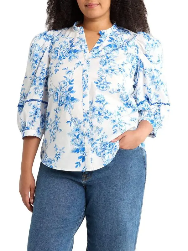 SUGARLIPS Floral Button-up Top - White/blues