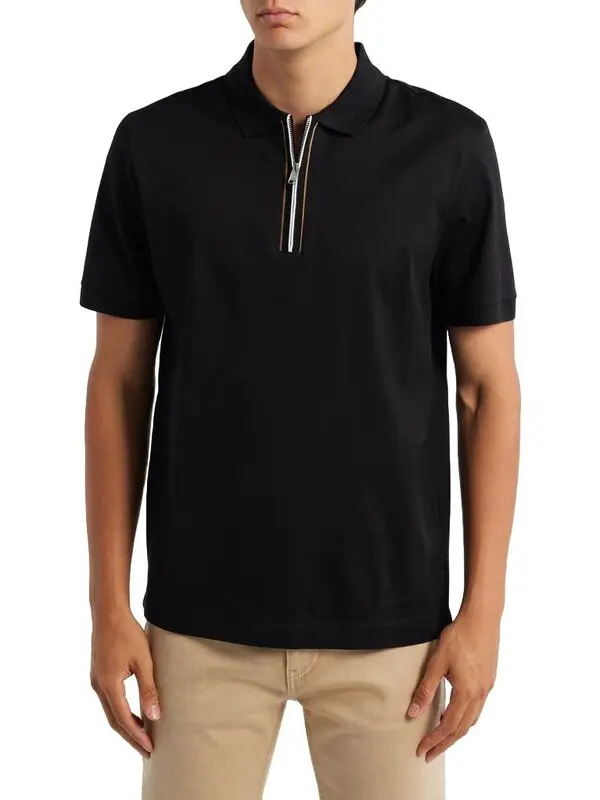 BOSS Paras Quarter Zip Cotton Polo - Black